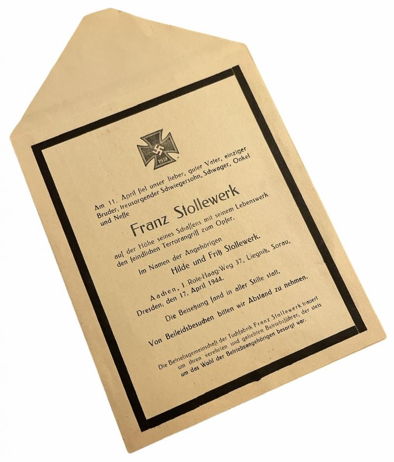 IMCS Militaria Death Notice Franz Stollenwerk IMCS Militaria Death Notice Franz Stollenwerk